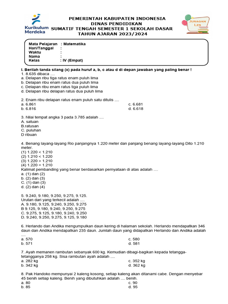 Soal Pts MTK Kelas 4 | PDF