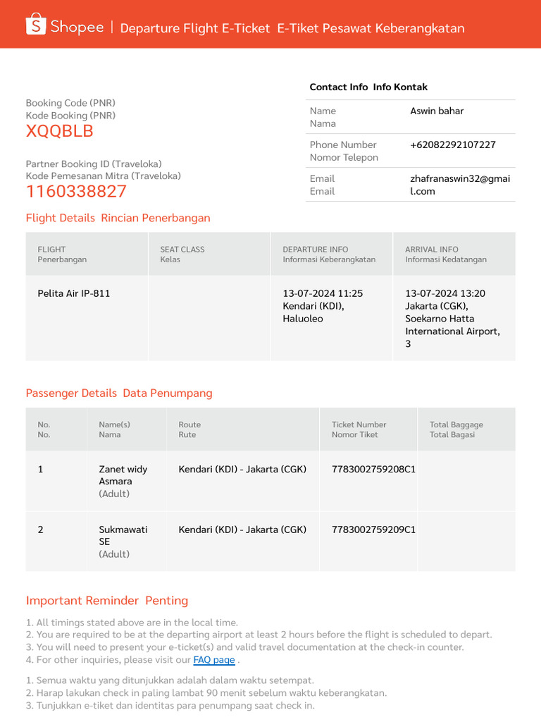 E-Tiket Pesawat Keberangkatan | PDF