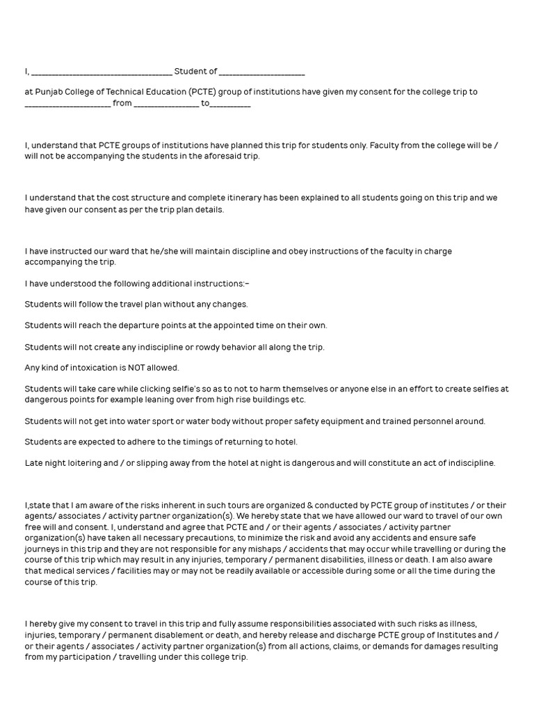 Consent Form From Travel - PCTE Group of Institutes - Students (1 ...
