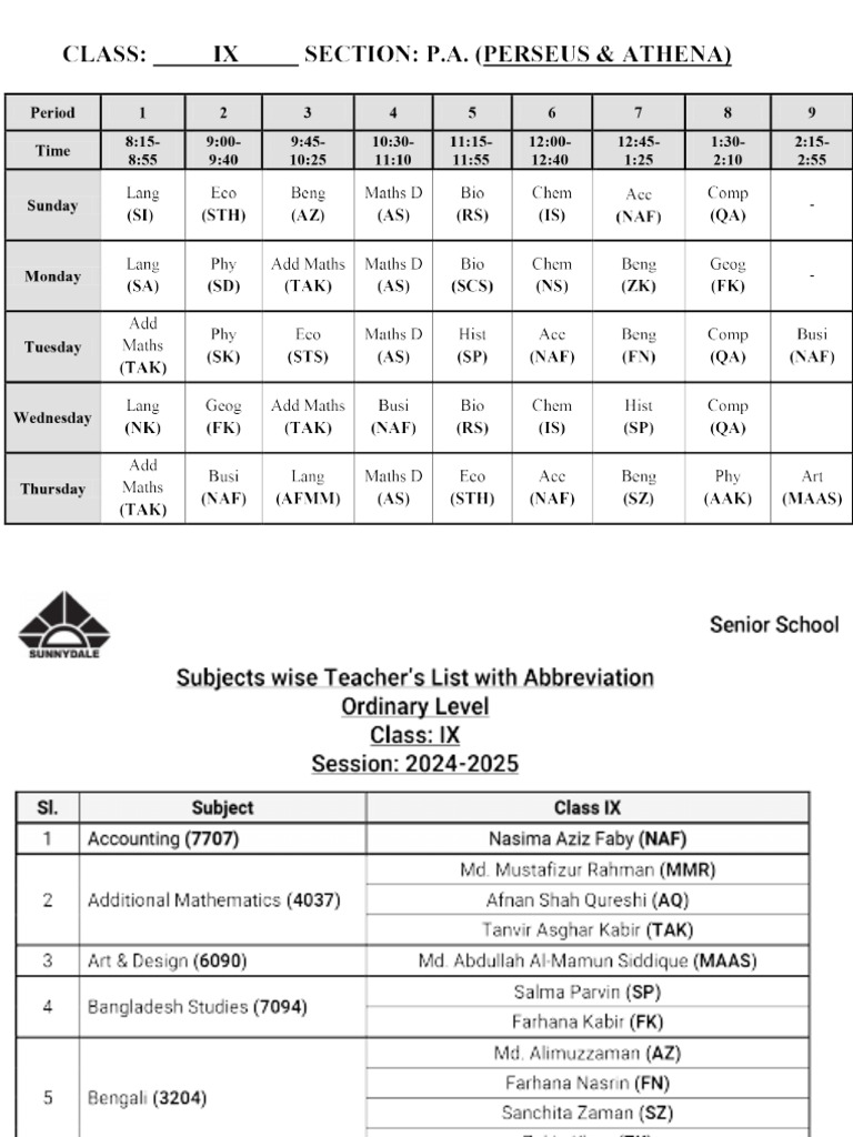 IX (Perseus+Athena) Online Class Routine 2024-2025 | PDF