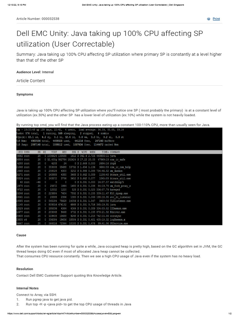 Dell EMC Unity - Java Taking Up 100% CPU Affecting SP Utilization (User Correctable) - Dell ...