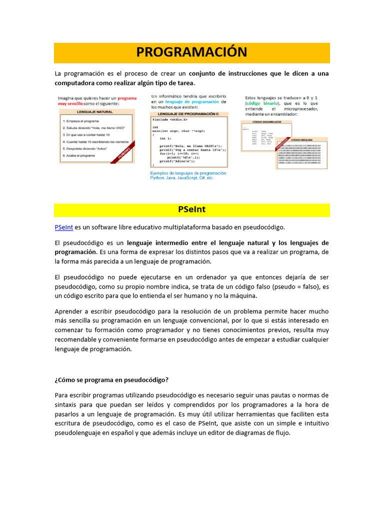 PROGRAMACIÃ N PSeInt | PDF | Programación de computadoras | Lenguaje de programación