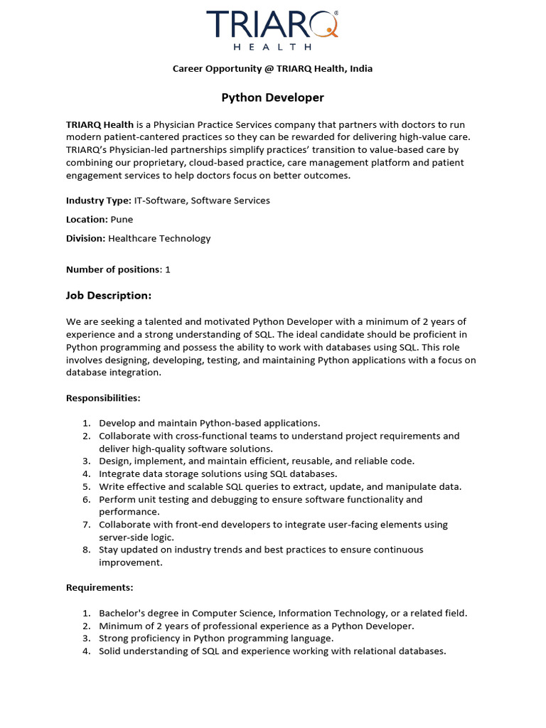 JD-for-Python-Developer | PDF | Databases | Cloud Computing JD-for-Python-Developer | PDF | Databases | Cloud Computing