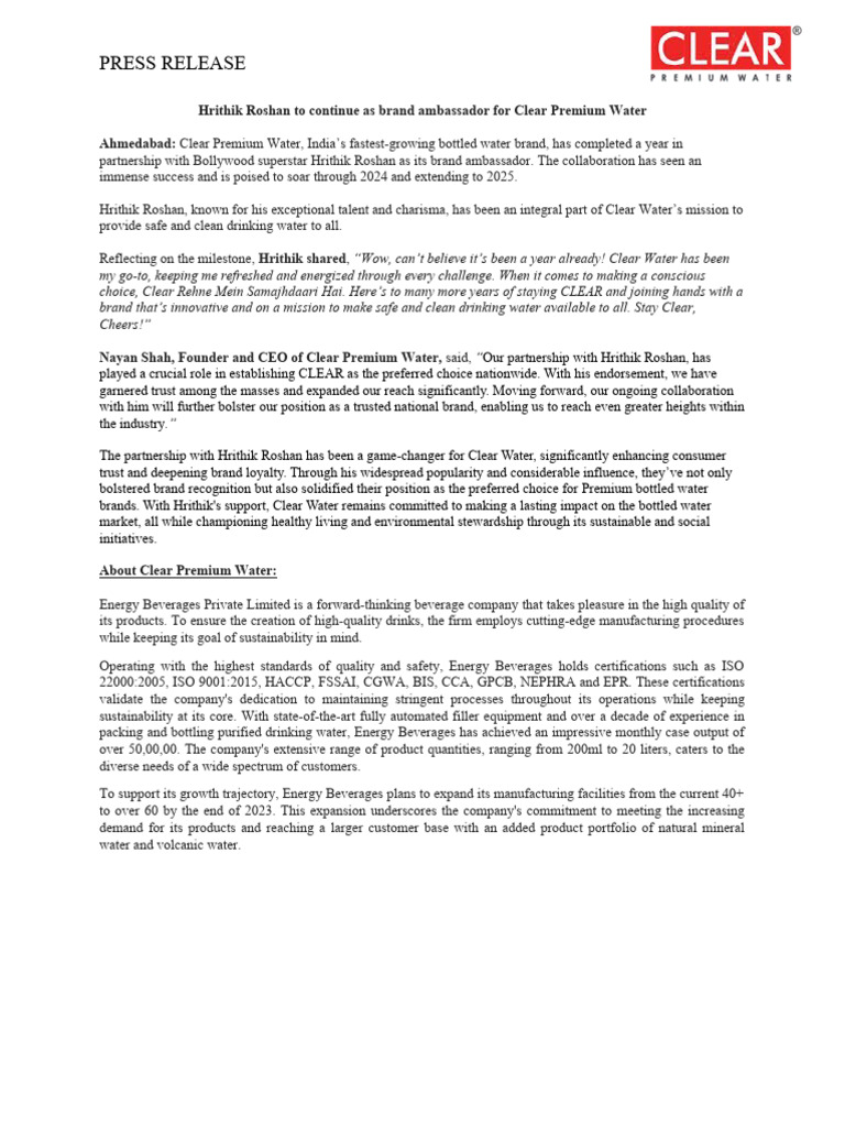 Hrithik Roshan to continue as brand ambassador for Clear Water_Press ... Hrithik Roshan to continue as brand ambassador for Clear Water_Press ...
