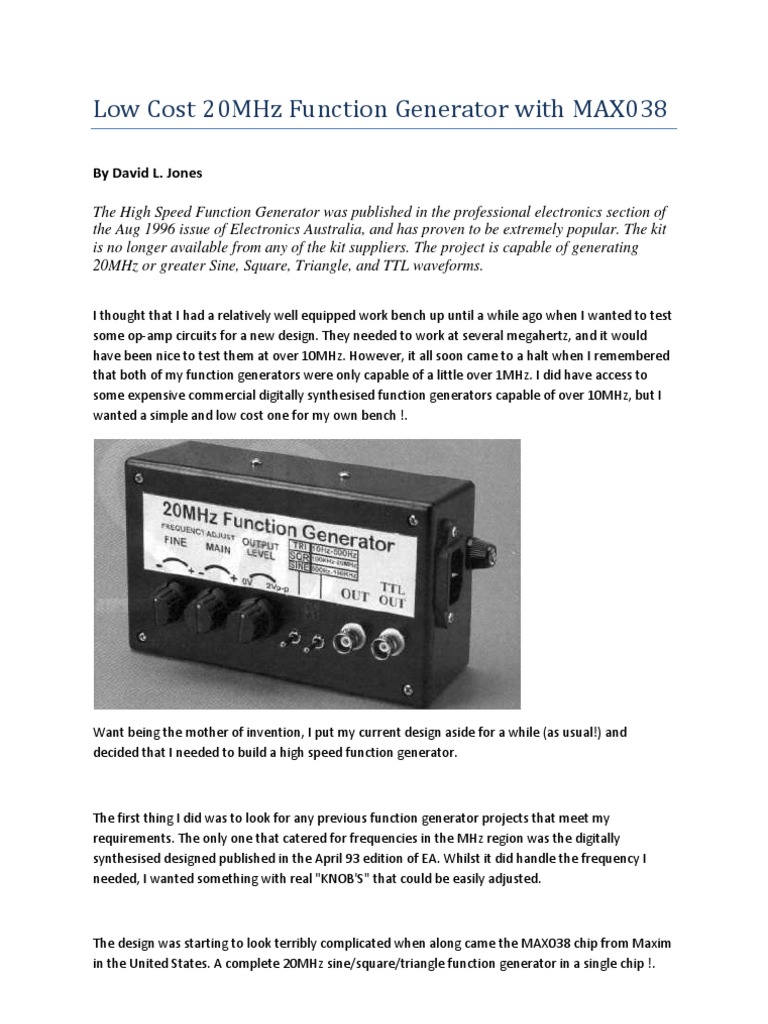 Low Cost 20MHz Function Generator With MAX038 | PDF | Printed Circuit Board | Electrical Connector