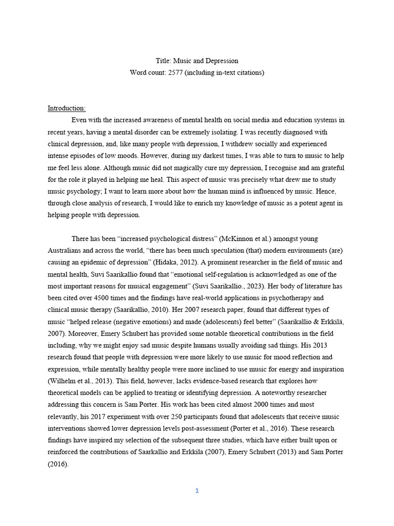 MusicPsych H1 Example #2 | PDF | Major Depressive Disorder | Psychotherapy