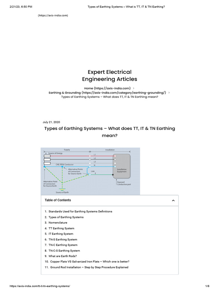 Types of Earthing Systems - What Is TT, IT & TN Earthing | PDF | Power ...