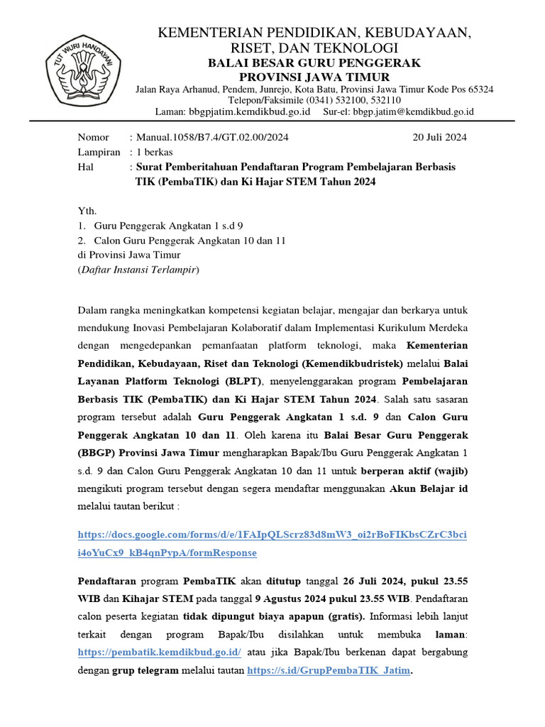 Surat Pemberitahuan Pendaftaran Program Pembelajaran Berbasis TIK Dan ...