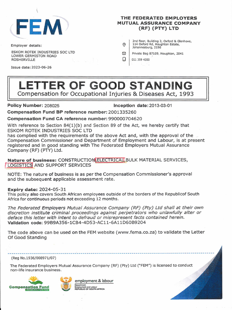 Eskom Rotek Industries SOC LTD - Letter of Good Standing | PDF ...