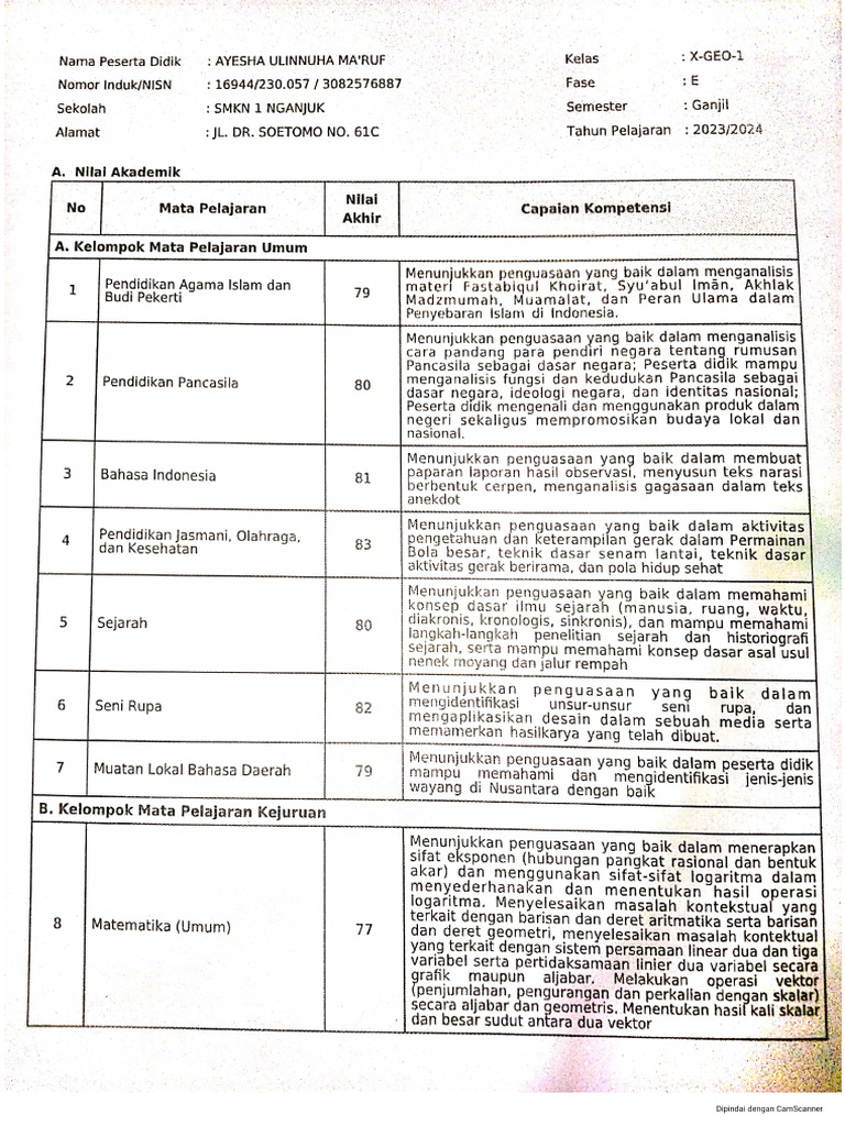 Rapor Ayesha U.M (X-Geo1) | PDF