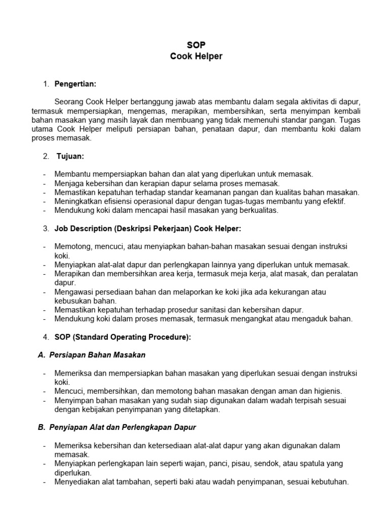 SOP Karyawan Dapur | PDF | Memasak, Makanan, & Anggur | Teknologi ...
