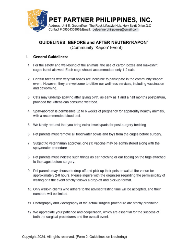 FORM 2 Pre and Post Neutering Guidelines 2024 MN | PDF | Neutering ...