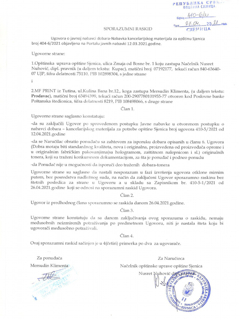Sporazumni Raskid Ugovora - Nabavka Kancelarijskog Materijala - 2021 | PDF