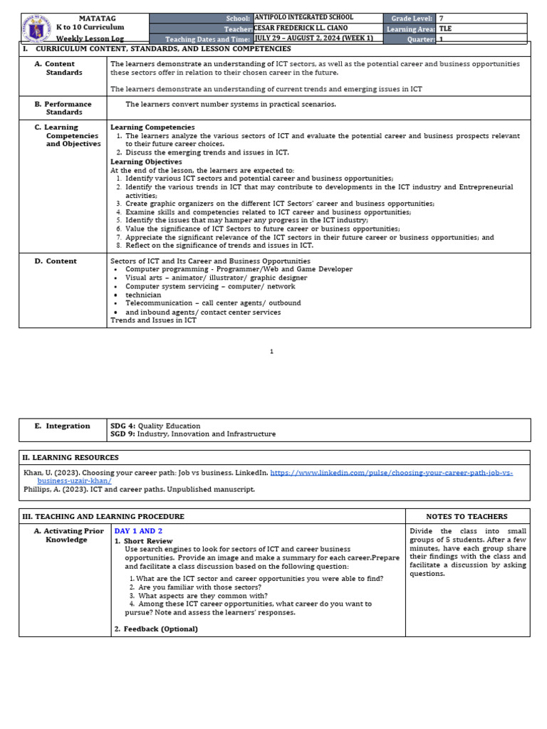 DLL Matatag - Tle 7 Q1 W1 | PDF | Security | Computer Security