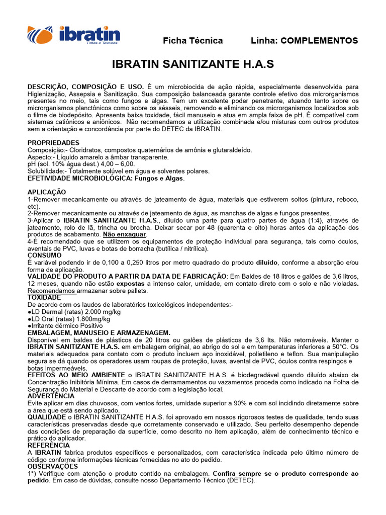 Sanitizante IBRATIN H.A.S: Uso e Segurança | PDF | Embalagem e ...
