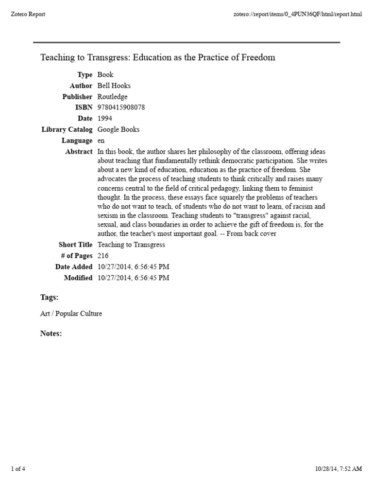 Teaching To Transgress: Education As The Practice of Freedom | PDF ...