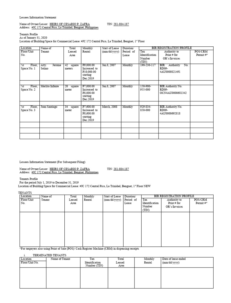 Lessees Information Statement For BIR 2 | PDF | Lease | Financial Capital