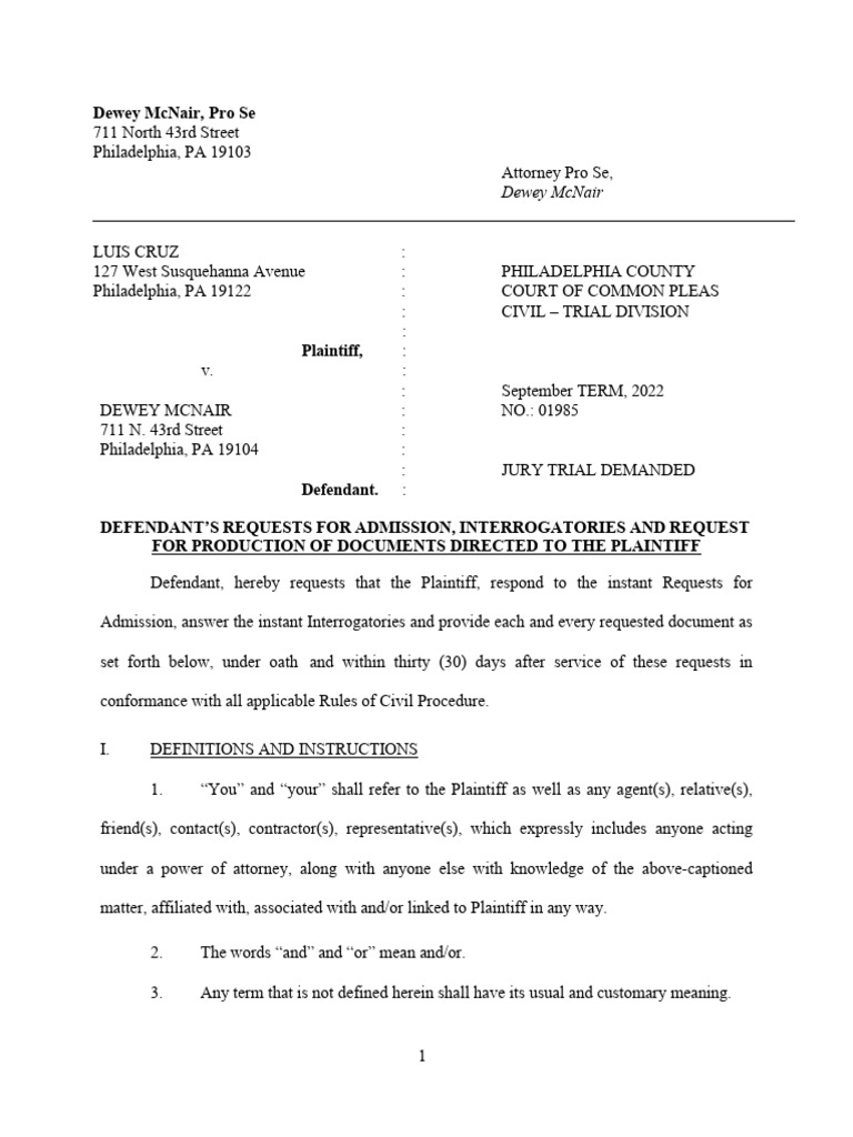 Dewey McNair Request For Interrogatories, Records and Addmissions | PDF ...