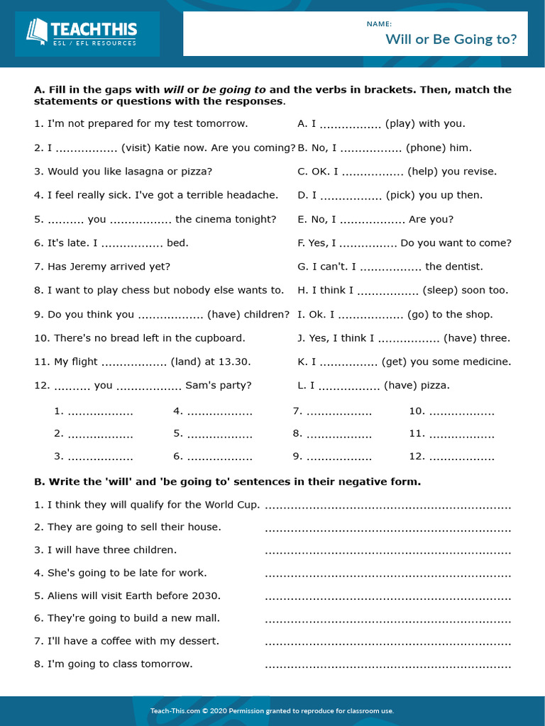 Will or Be Going To Interactive Worksheet | PDF