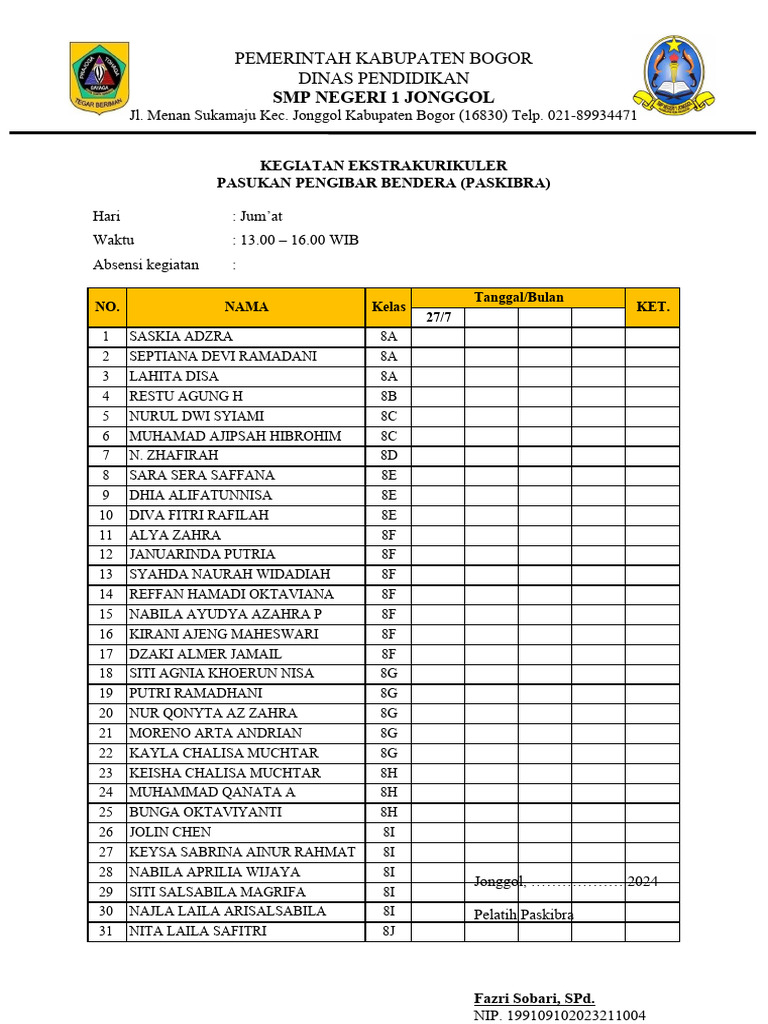 Absen Ekskul Paskib Juli 2024 | PDF