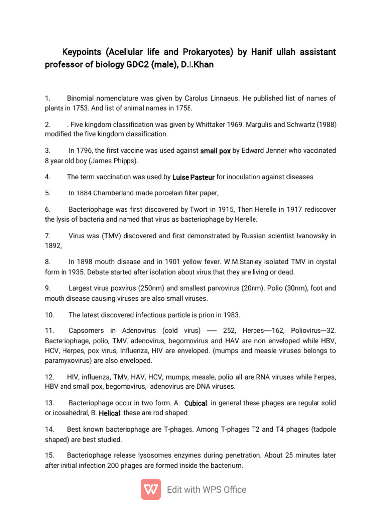 Key Points on Acellular Life & Prokaryotes | PDF | Bacteria | Virus