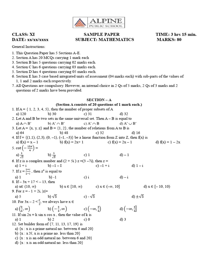 STD - XI Midterm Sample QP - Maths | PDF | Mathematics | Mathematical Concepts