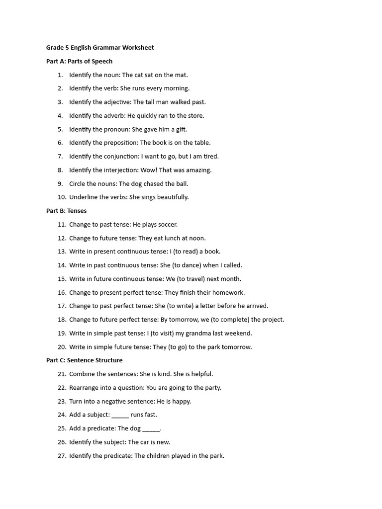 Grade 5 English Grammar Worksheet With Answers | PDF | English Grammar ...