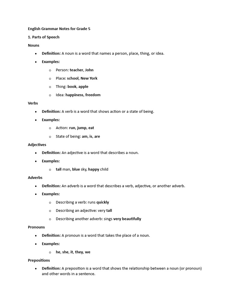 Grade 5 English Grammar Notes | PDF | English Grammar | Adverb