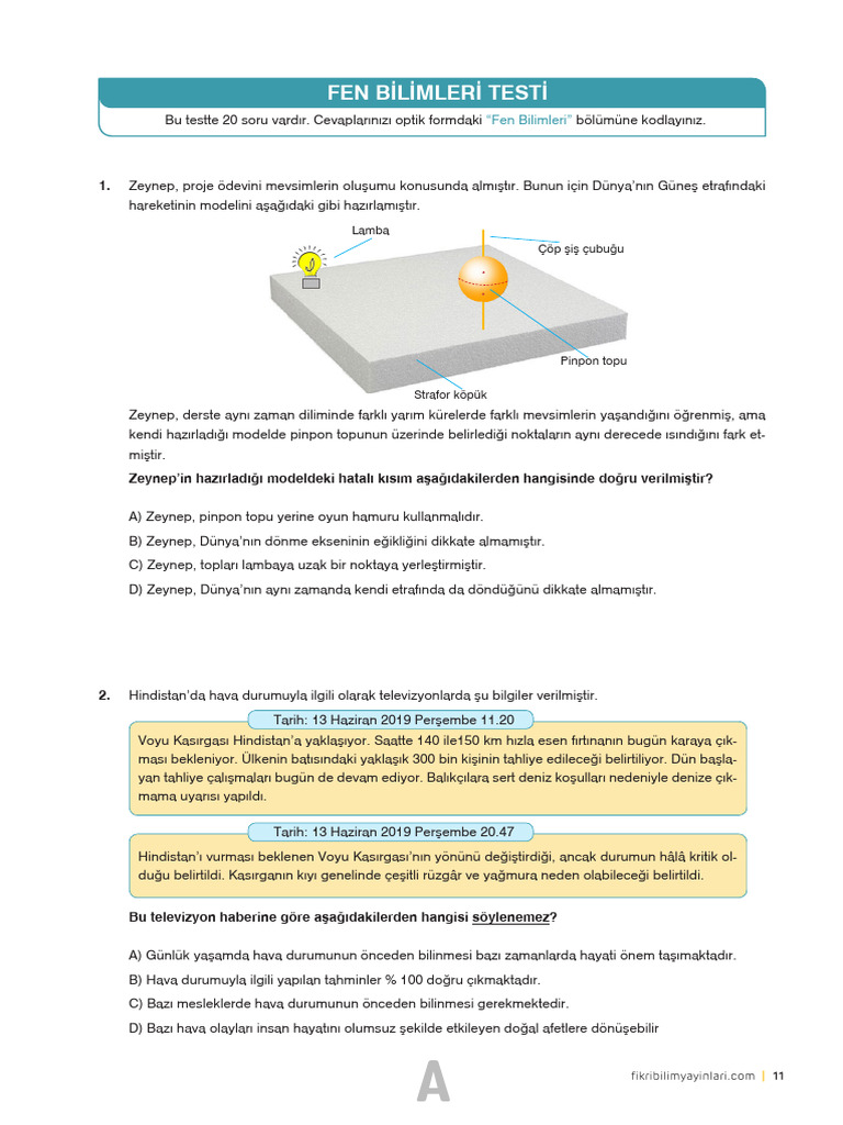 8.sınıf Fikri Bilim Yayinlari Deneme Sinavi Sayisal Bolum Fen | PDF