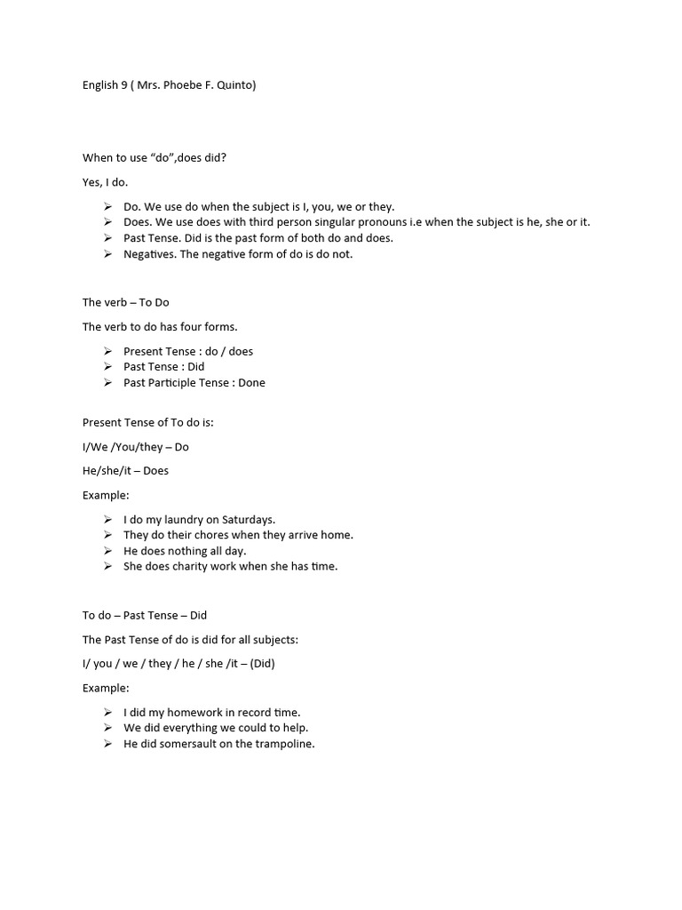 English 9 Do, Does, Did | PDF | Language Arts & Discipline | Wellness