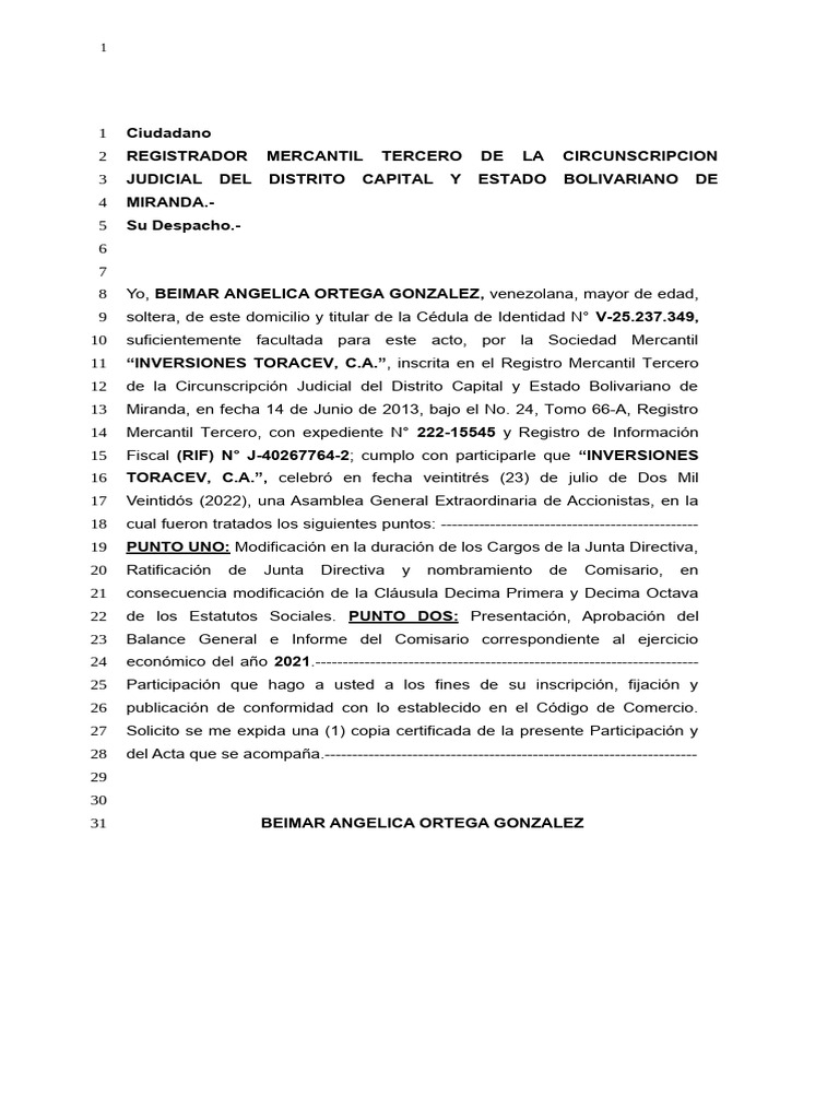 Inv Toracev. Duracion, Nombramiento JD, Comisario Balances 2021 | PDF | Documento de identidad ...