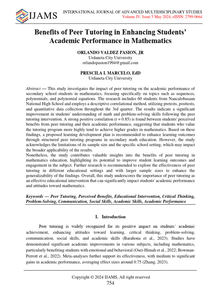 Benefits of Peer Tutoring in Enhancing Students' | PDF | Survey Methodology | Learning