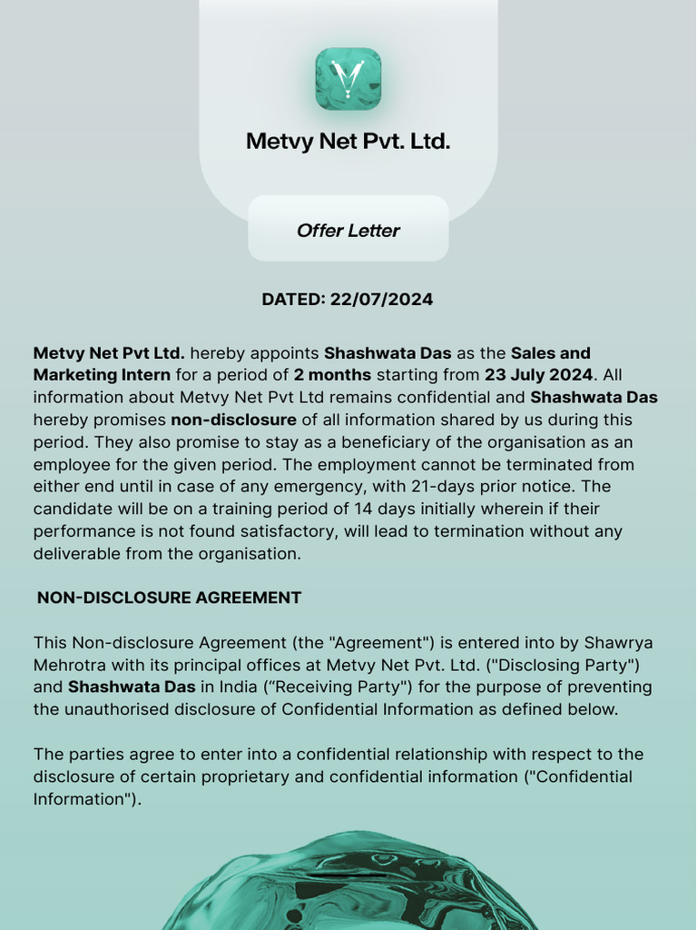 Offer Letter - Shashwata Das | PDF | Non Disclosure Agreement | Confidentiality