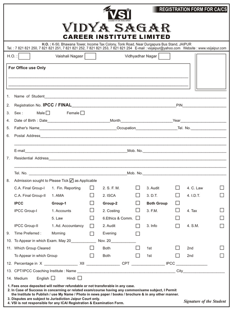 CA/CS Registration Form - VSI Jaipur | PDF | Government | Payments