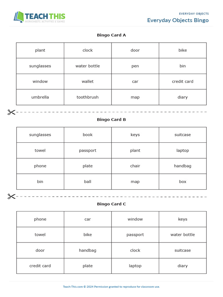 Objects Bingo Worksheet | PDF