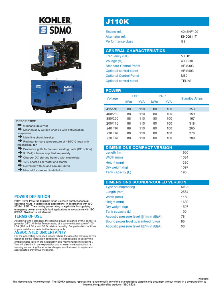 Sdmo j110k Generator Datasheet | PDF | Engines | Radiator