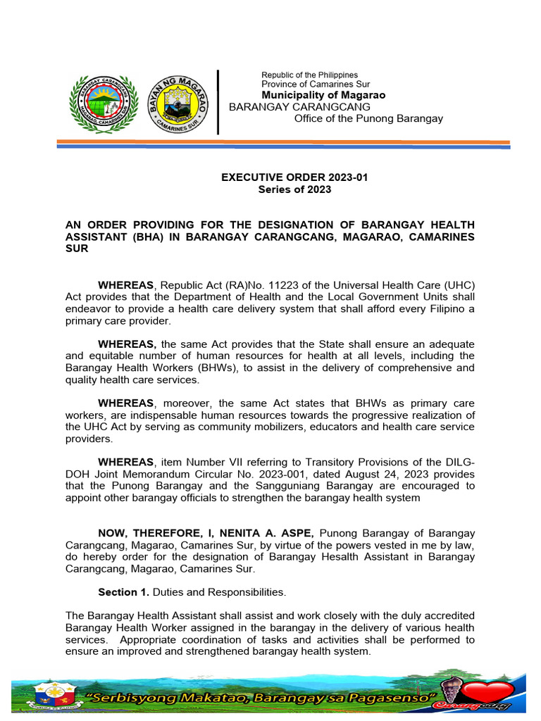 Barangay Health Assistant Designation Order | PDF | Executive Order ...