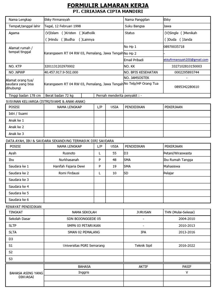 Form Lamaran Kerja CCM | PDF