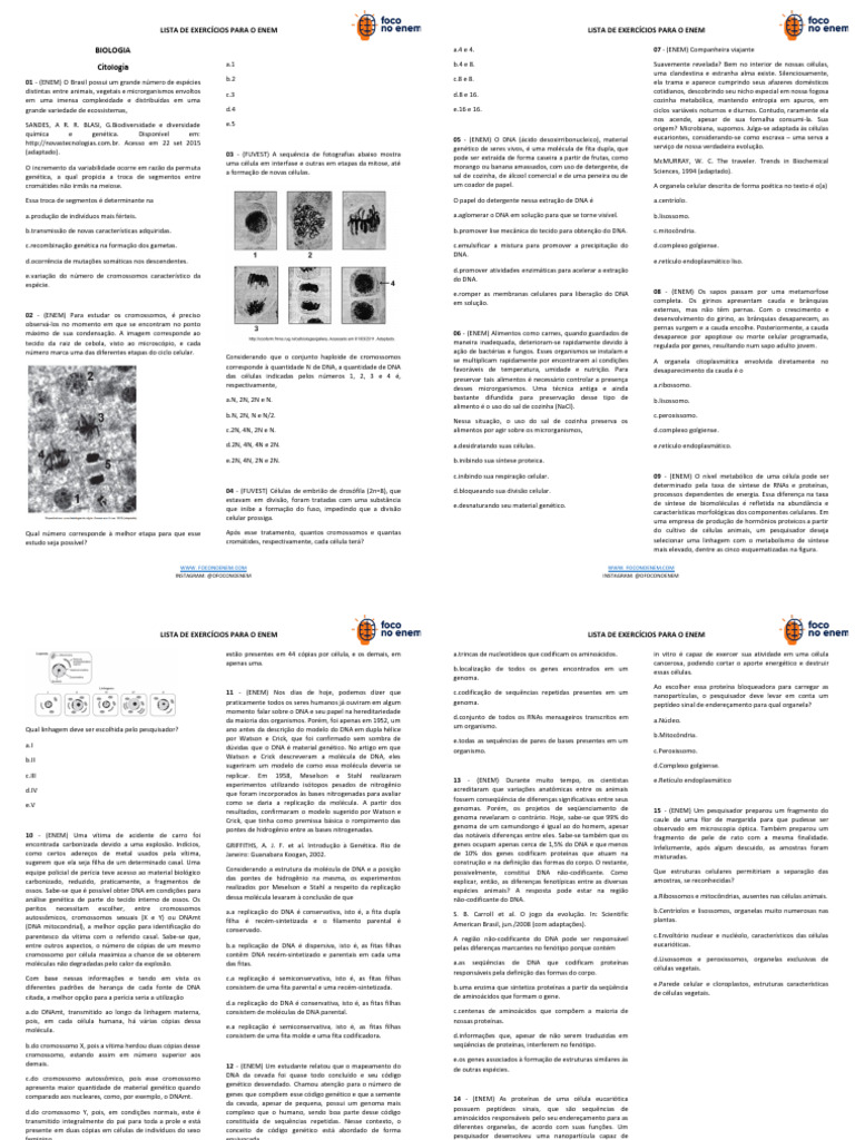 Exercícios de Biologia para o ENEM | PDF | Célula (Biologia) | DNA