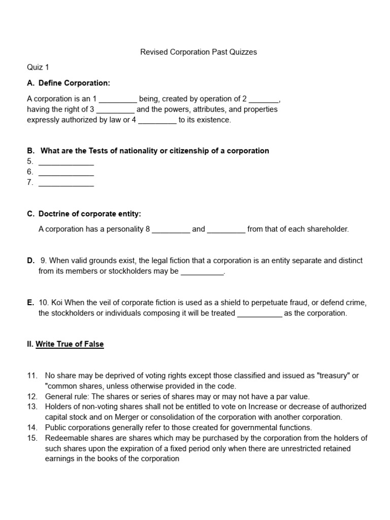 Corp Reviewer Past Quizzes With Answer Key | PDF | Corporations | Dividend