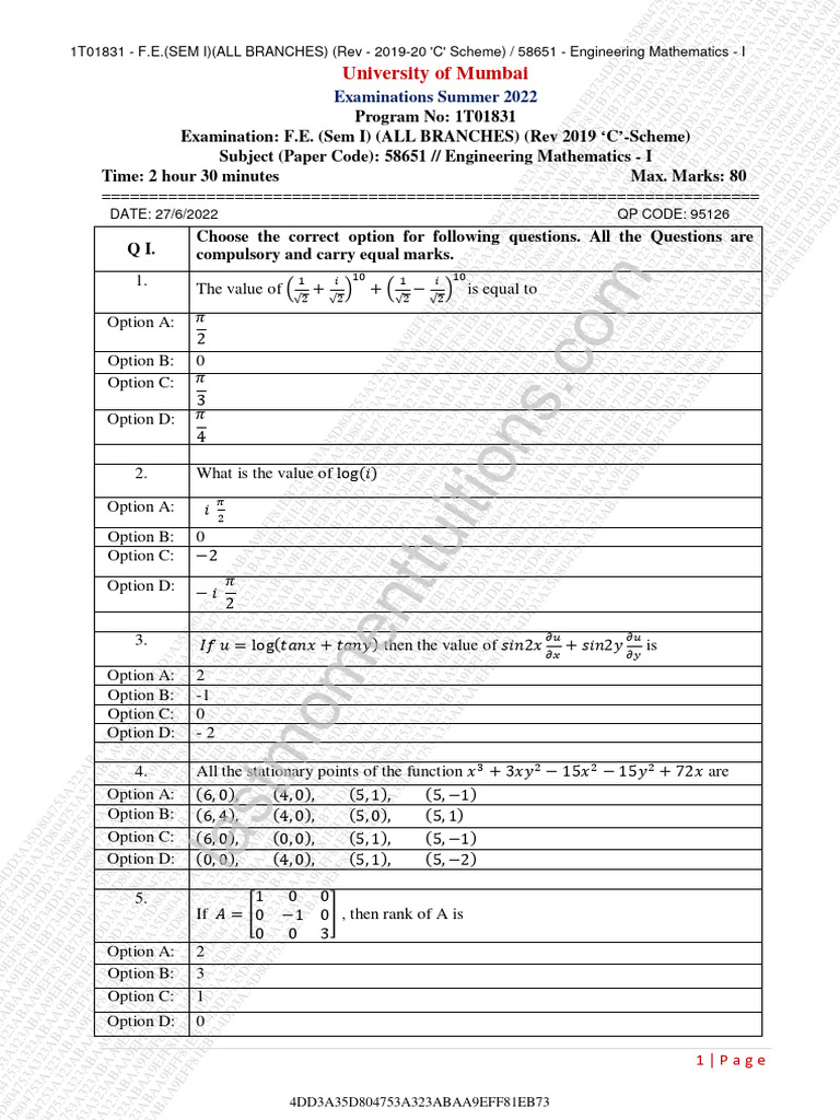 Engineering Mathematics I M1rev 2019c Scheme | PDF | Chess | Chess Theory