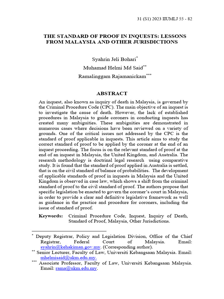 The Standard of Proof in Inquests Lessons From Malaysia and Other ...