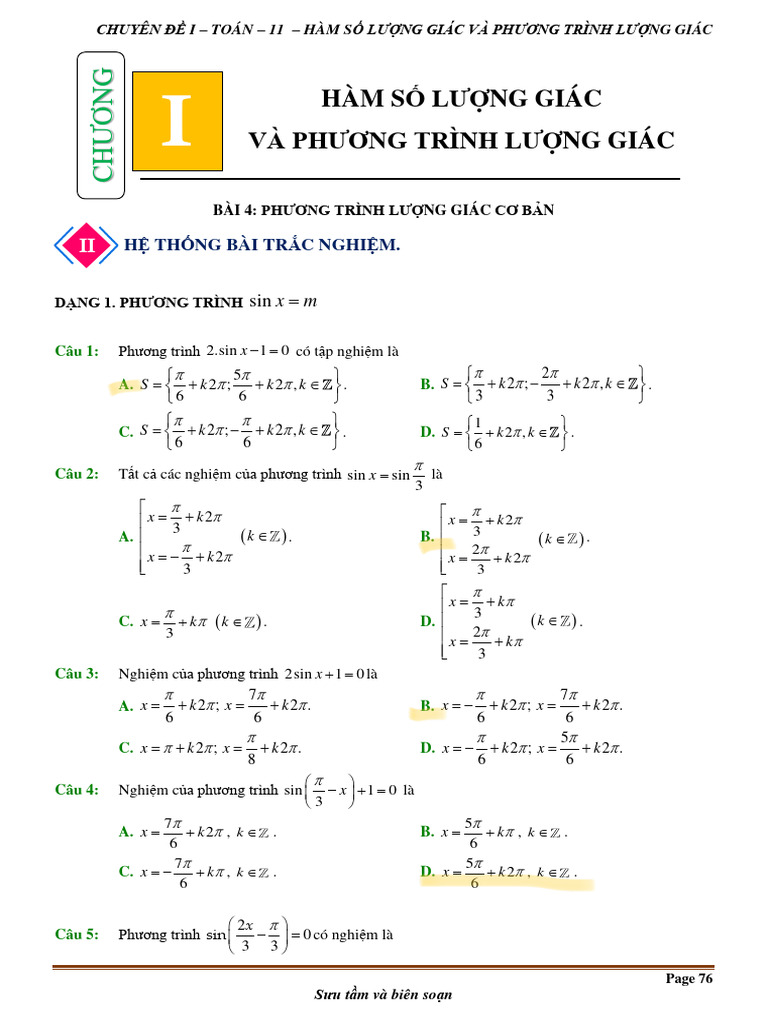 Toan 11 - C1 - B4.2 - Phuong Trinh Luong Giac Co Ban - TN1 - de | PDF