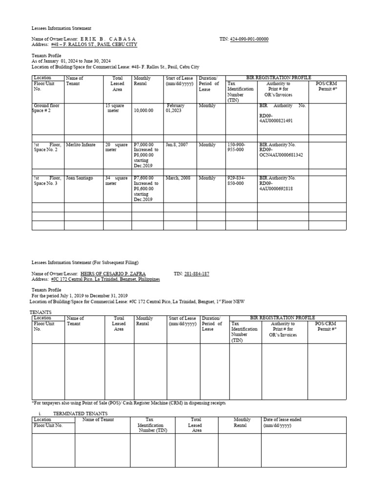 Lessees Information Statement For BIR 2 | PDF | Lease | Natural ...