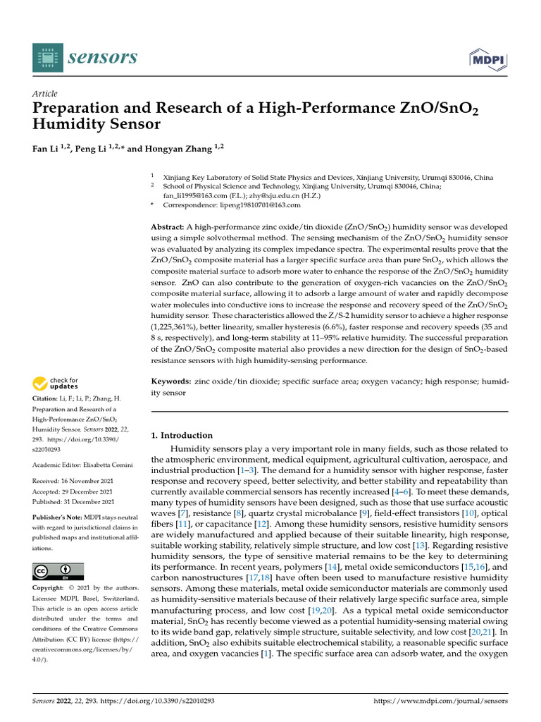 Preparation and Research of A High-Performance ZnOSnO2 Humidity Sensor ...