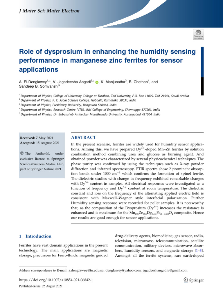 Role of Dysprosium in Enhancing The Humidity Sensing Performance in ...