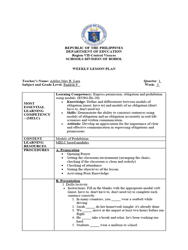 Q1 Week 3 Modal of Obligation and No Obligation | PDF | Learning ...