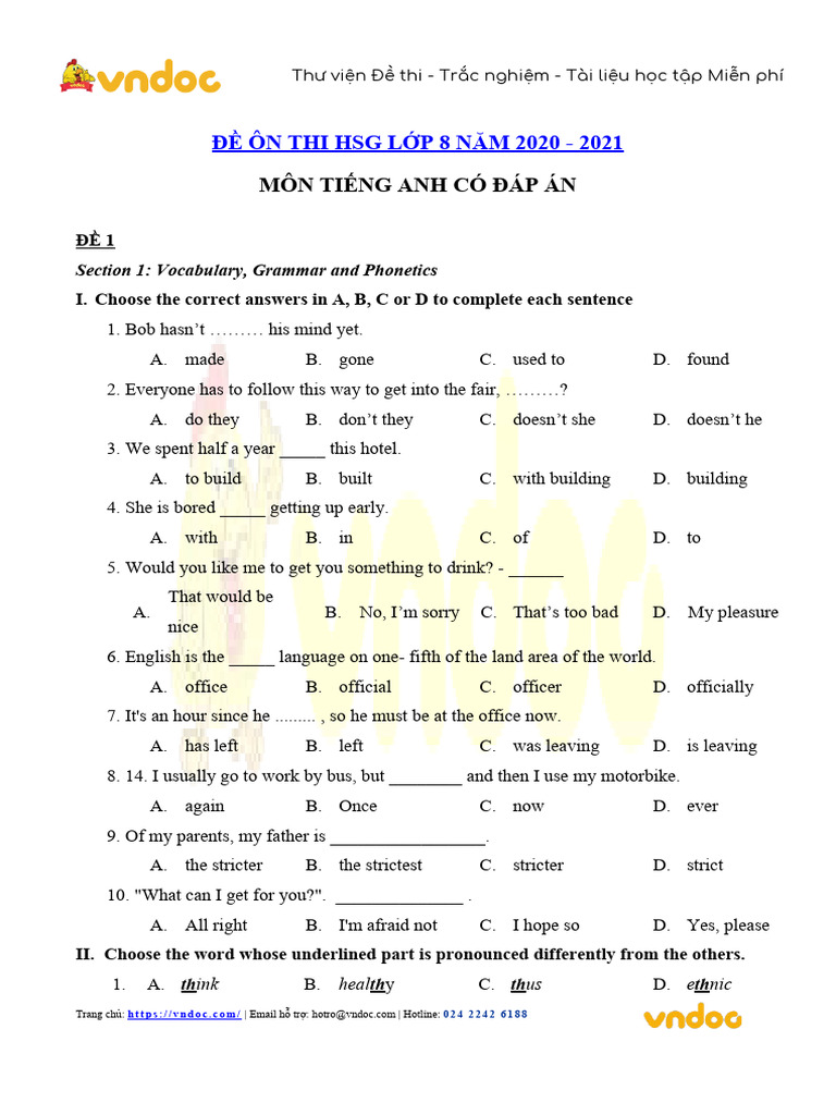 Bo de Thi Hoc Sinh Gioi Tieng Anh Lop 8 | PDF | English Language