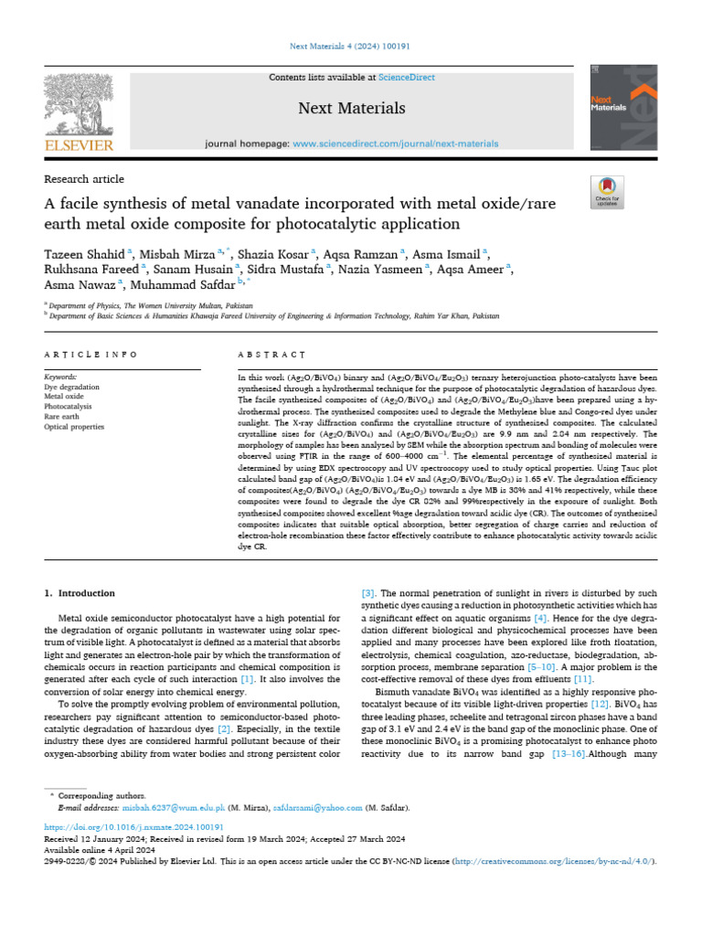 A Facile Synthesis of Metal Vanadate Incorporated With Metal Oxiderare ...