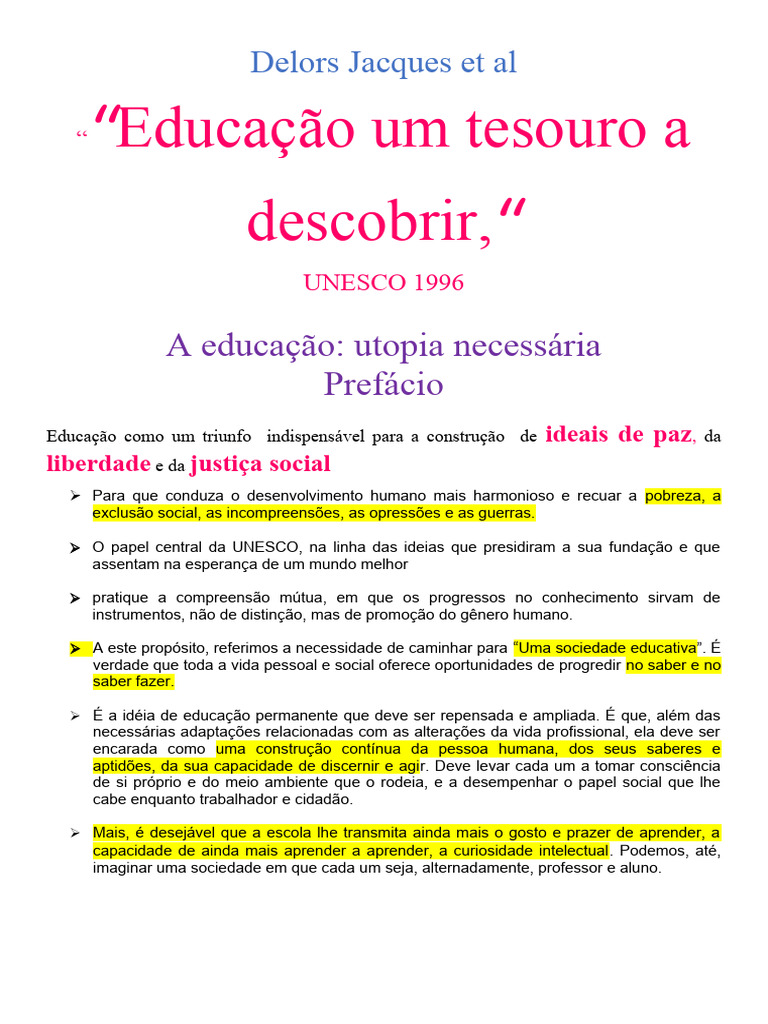 Resumo Jacques Delors - Educação Um Tesouro A Descobrir - Unesco | PDF ...